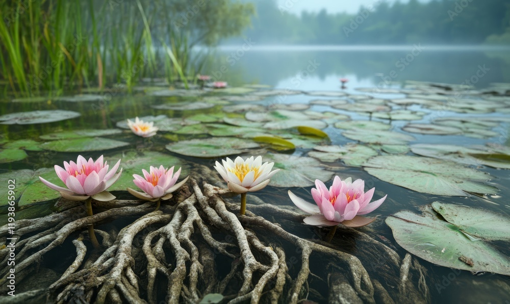 Water lily roots and rhizomes growing from the lake's floor, plant life ...