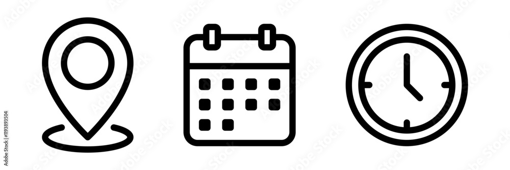 Address location icon. Stopwatch timer icon. Date Calendar icon - Web icons set Stock Vector ...