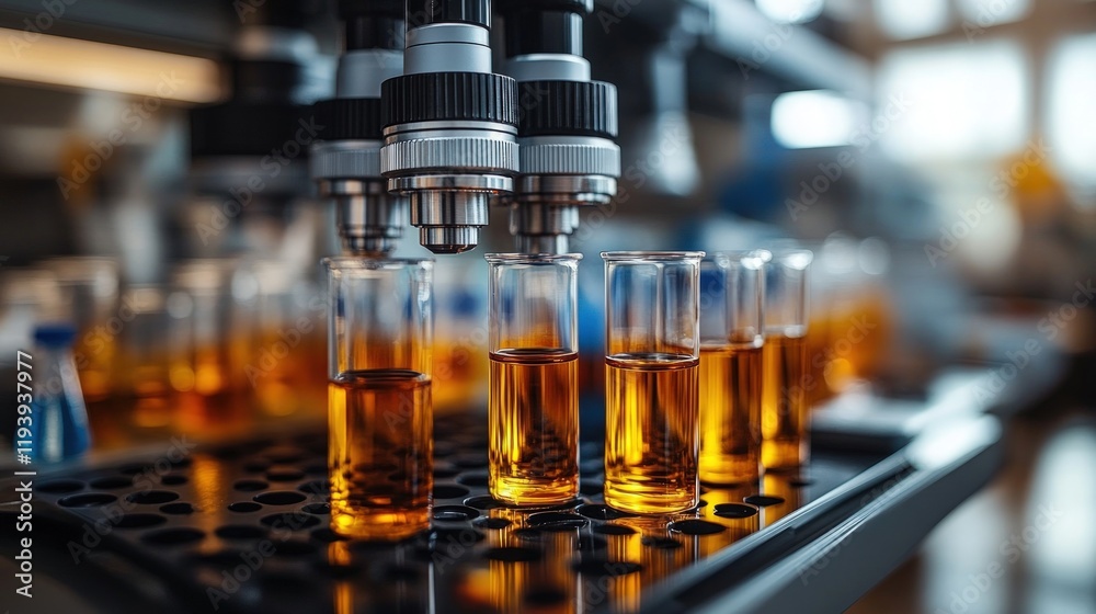 Automated system dispensing amber liquid into glass cylinders in a ...