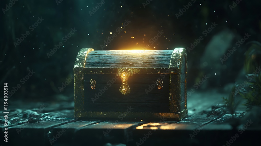 Treasure chest with magic light coming out of it on dark background ...