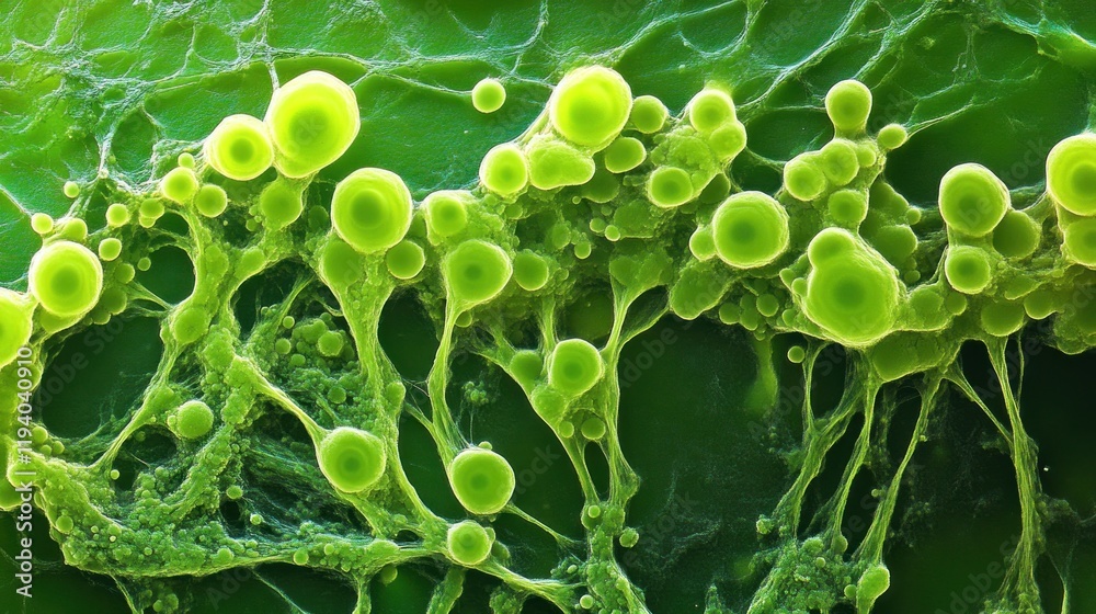 Microscopic view of green algae showcasing cellular structures and ...