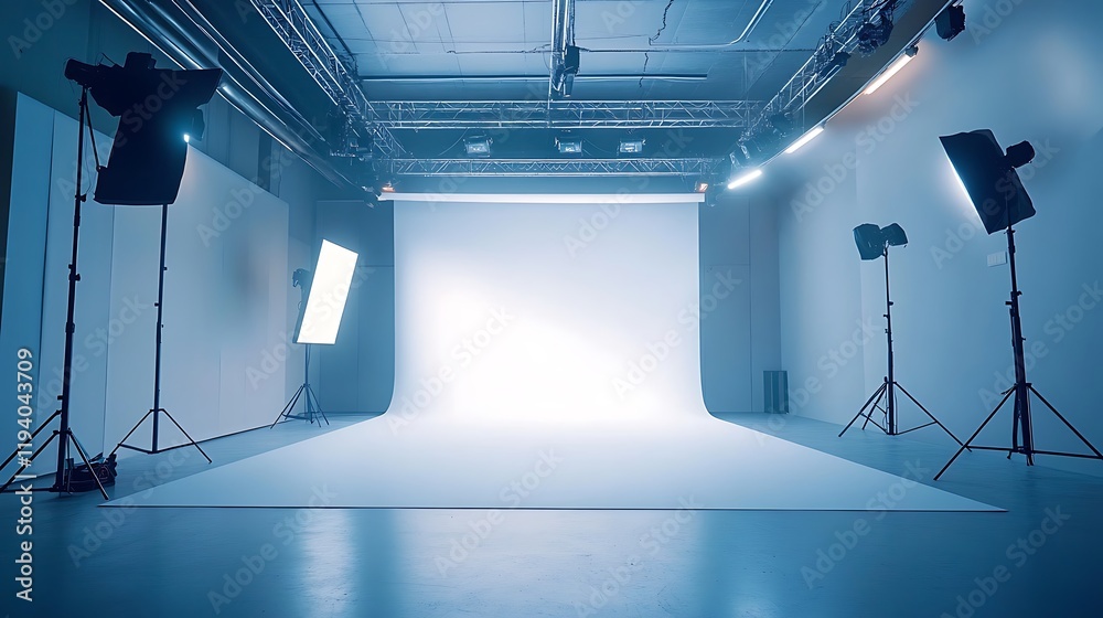 An expansive photography studio with seamless white backgrounds, soft ...