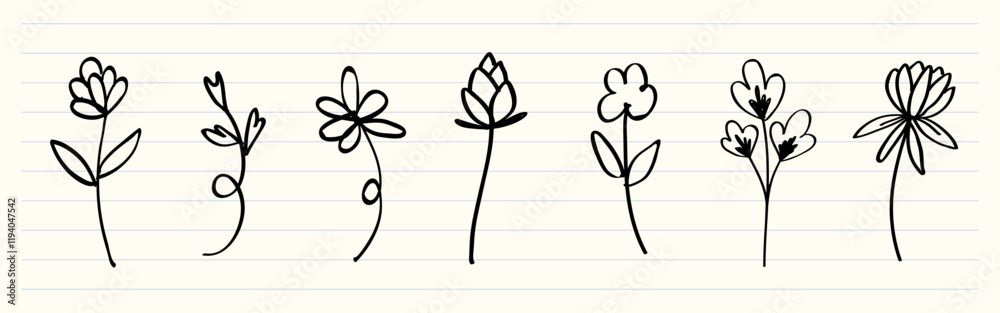 Simple black line drawings of various flowers on lined paper. Floral ...