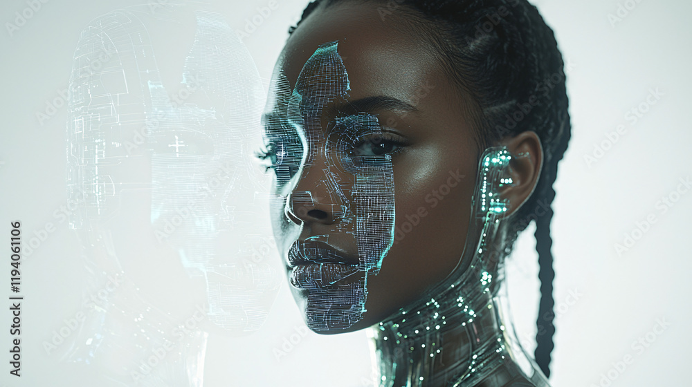 sci-fi humanoid woman with iridescent neural ports at temples, interacting with floating blue ...