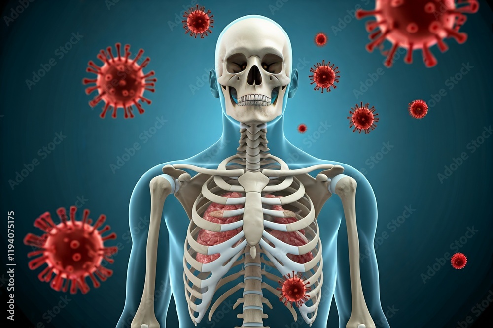 Human skeleton with visible ribcage, surrounded by red virus particles ...