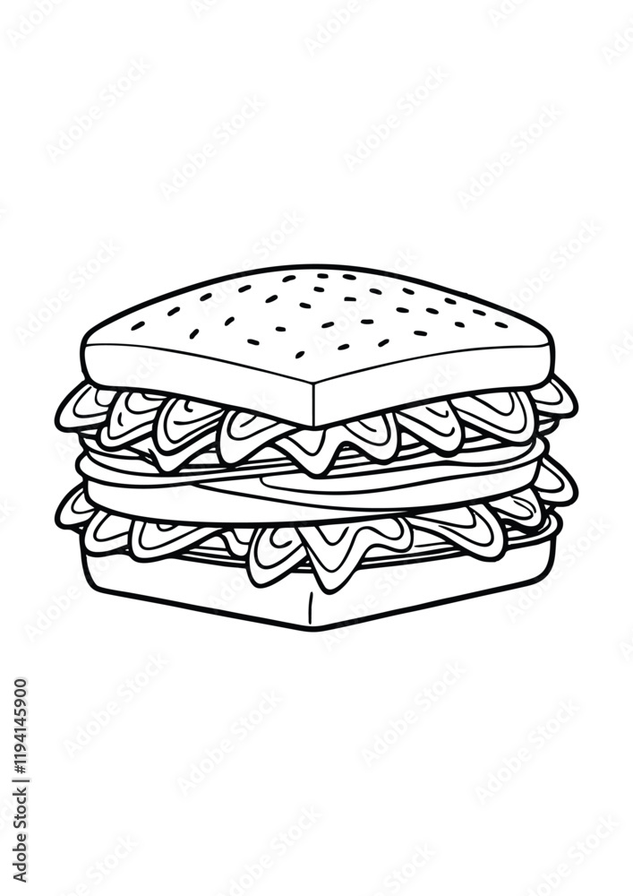 coloring page, simple black lineart illustration of a sandwich on white ...