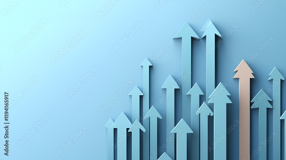 Blue background with a row of arrows pointing upwards. The arrows are ...