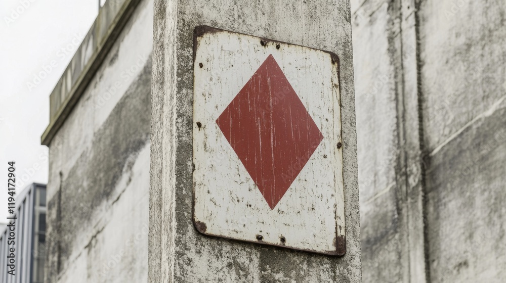 Rusted metal sign with red diamond shape on weathered concrete pillar ...
