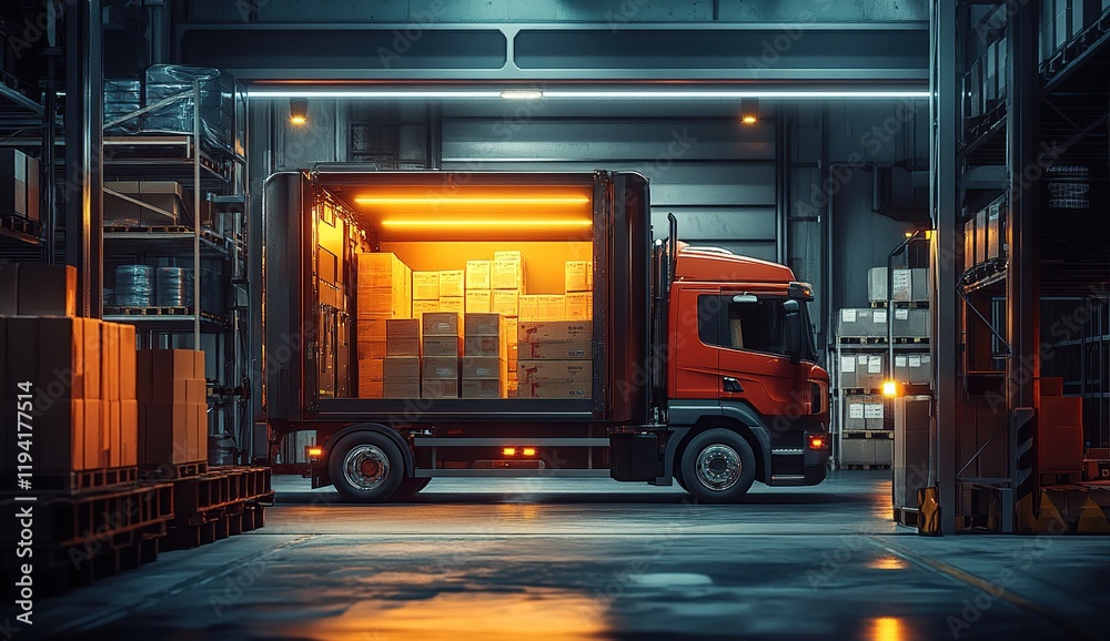 Truck Loads Cargo Boxes in Warehouse at Night: Efficient Logistics and ...