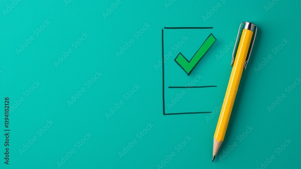 Checklist completion with yellow pencil on turquoise background office ...