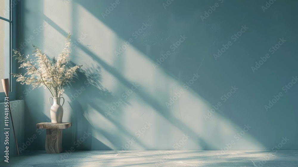 Neutral dusty blue color empty room with light from window in modern ...