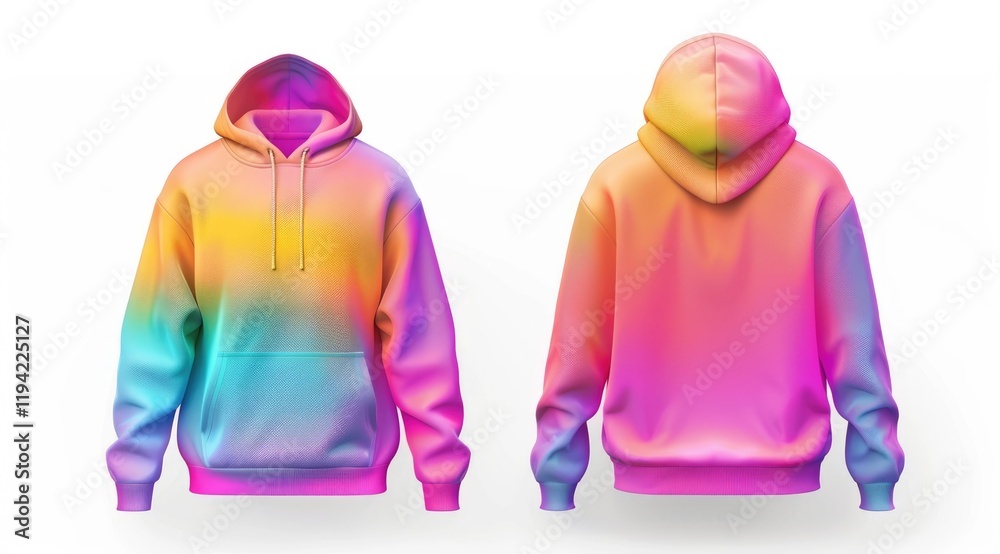 Neon Hoodie in Color Shades with Front and Back Views Isolated on ...