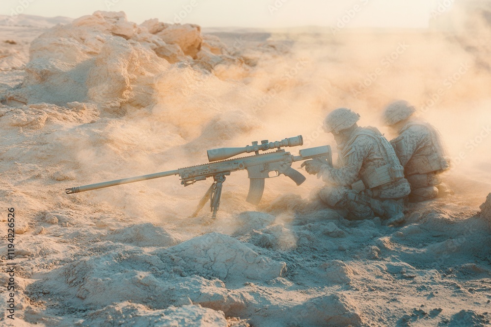 Soldiers Taking Cover with Precision Rifle in Desert Environment Amidst ...