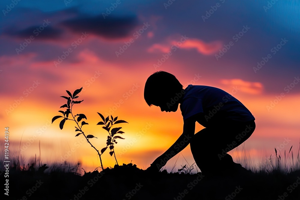 Silhouette of a child digging a hole in the ground, preparing to plant ...
