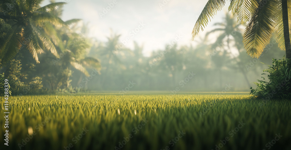 Tropical sunrise over lush paddy field, misty jungle background; ideal ...