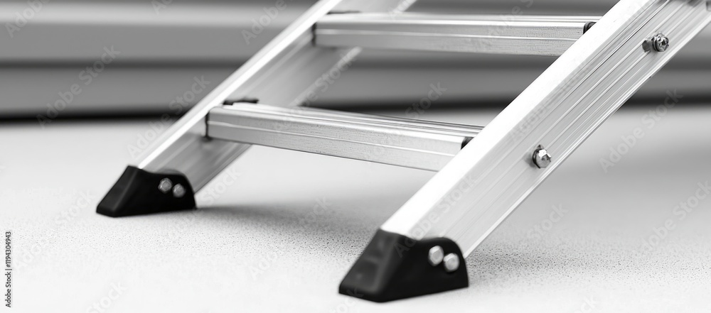 Aluminum ladder base detail, indoors, floor background, safety Stock ...
