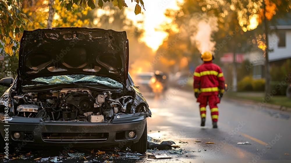 Mangled hood of a car with steam rising from the engine indicating a ...