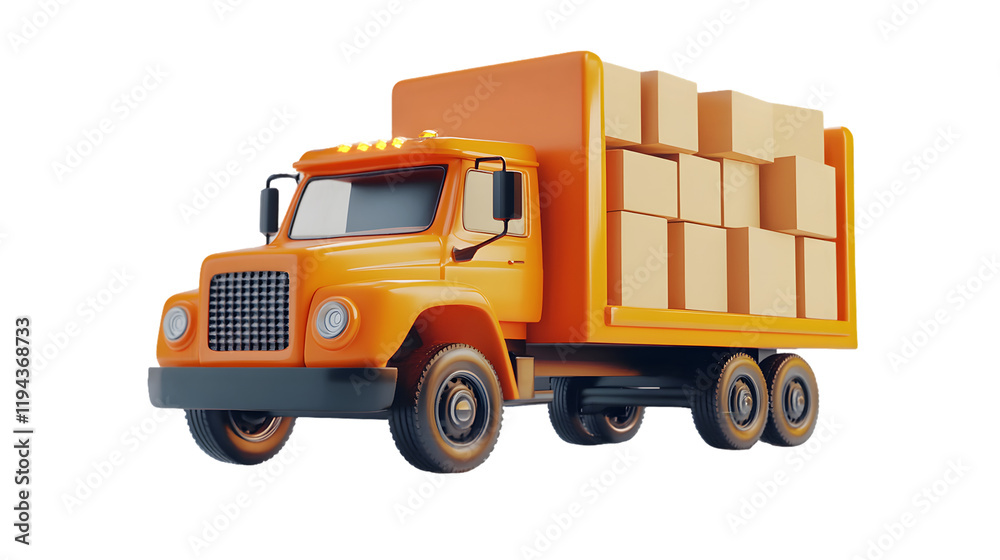 Bright orange delivery truck loaded with stacked cardboard boxes on a ...