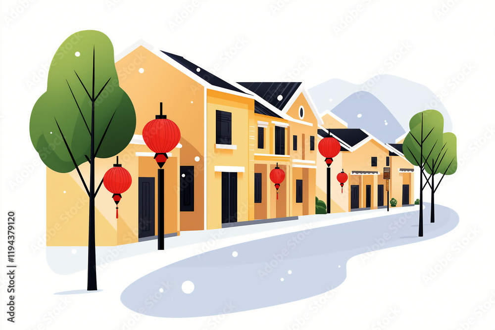 Flat vector-style cityscape of Hoi An, Vietnam. shows a few iconic ...