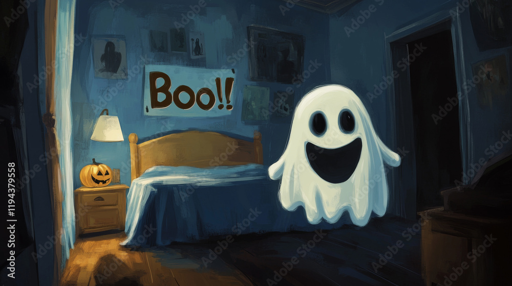 Ghost in night abandoned bedroom. Scary spook cartoon Halloween ...