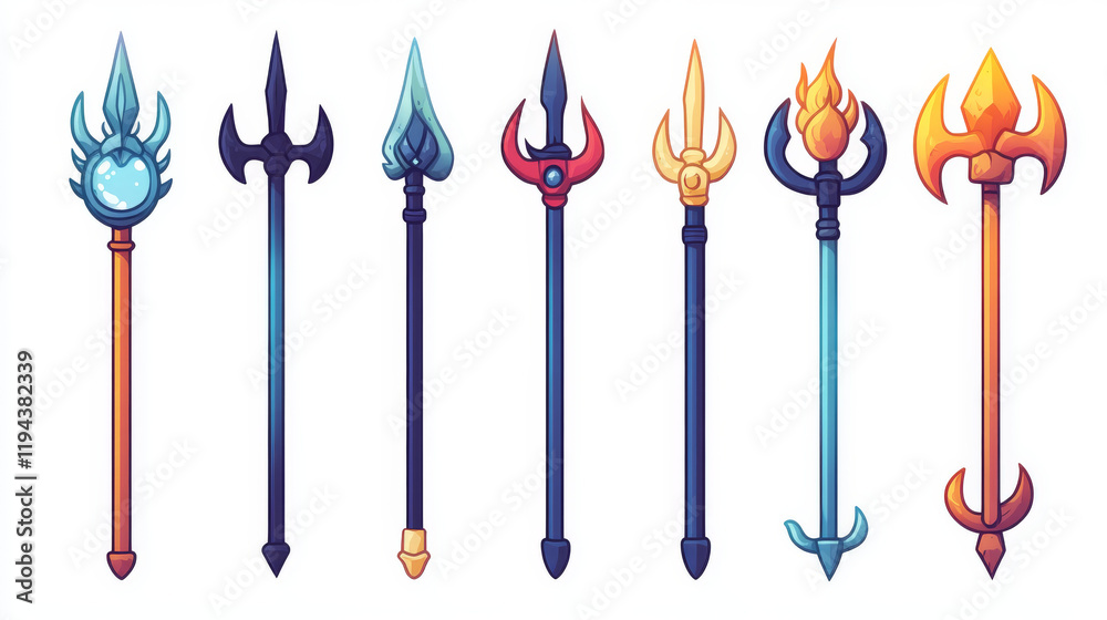 Magic trident weapon cartoon isolated vector icon set. Fantasy demon or ...