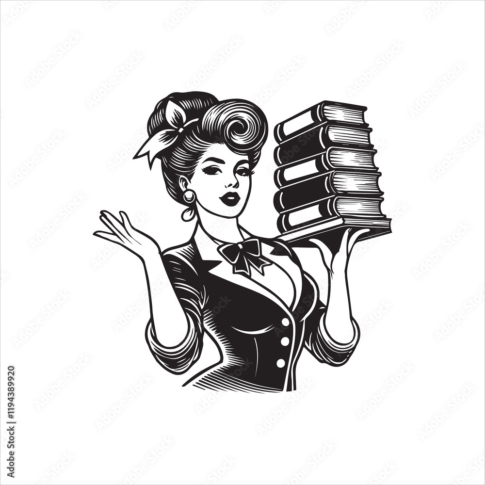 Pinup Girl Librarian Reading Book vector illustration, Pin up Girl with ...