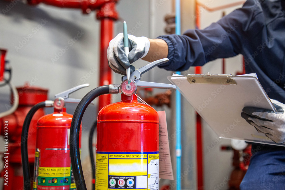 Engineer are checking and inspection a fire extinguishers tank in the ...
