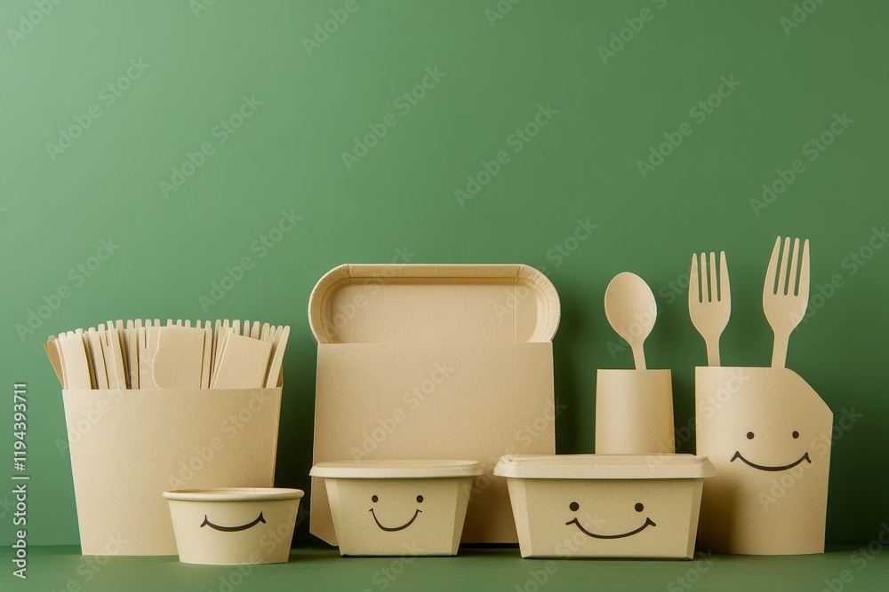 Eco-friendly takeaway food packaging with cute smiley faces. Stock ...