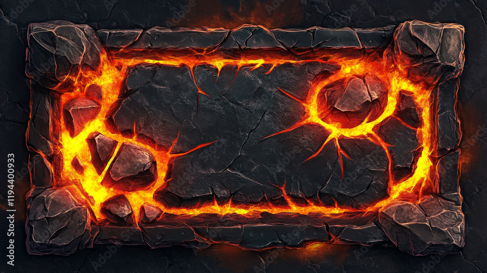 Lava stone ui game frame and volcanic button vector. Volcano eruption ...