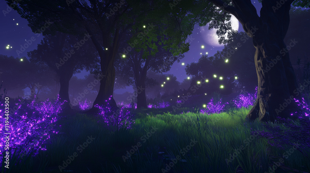 Magic night forest with neon fireflies. Vector cartoon illustration of ...