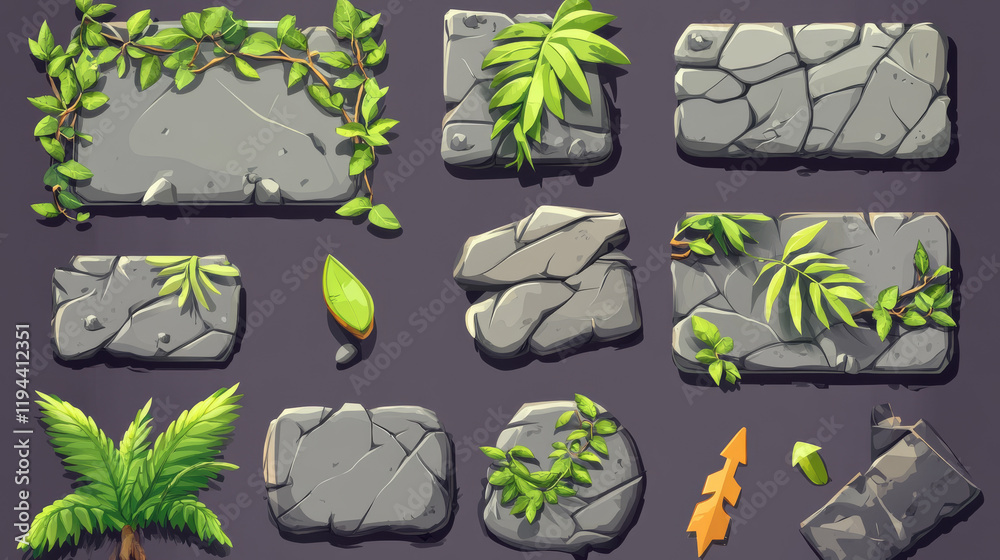 Stone game menu boards with vines. Tablets, buttons, cartoon interface ...