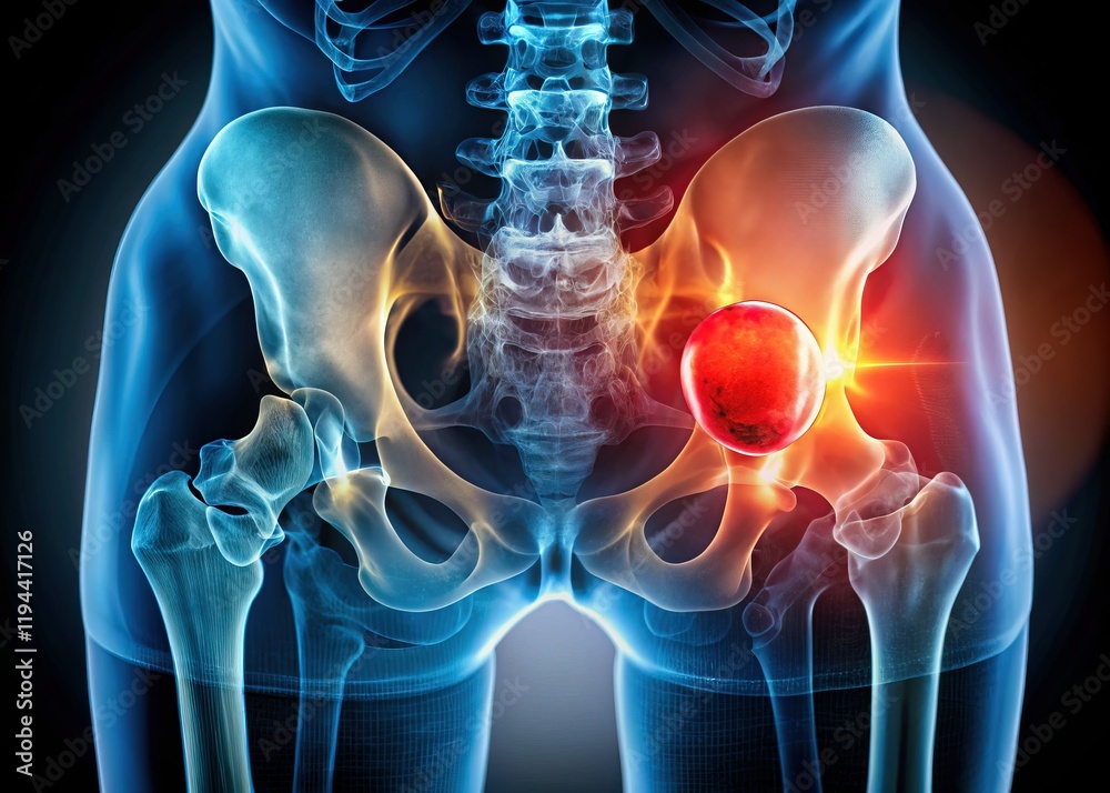 Double Exposure: Hip X-Ray & Skeletal Anatomy Illustrating Femoral Head ...