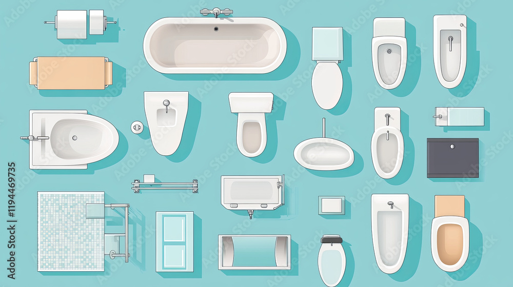 Toilet, bathroom furniture and equipment top view set for interior ...