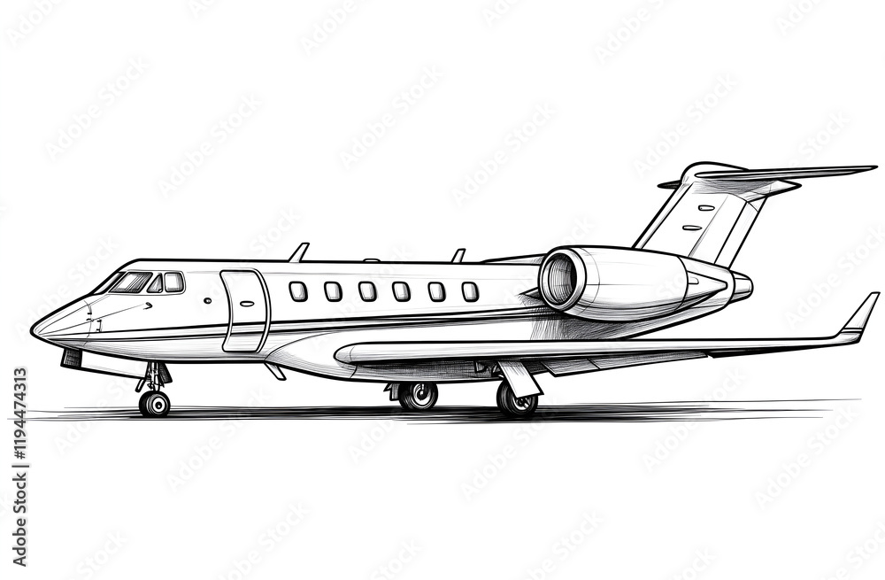 Line art drawing of a private jet, side view, simple design, white ...