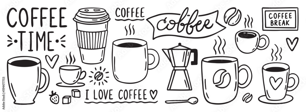 Coffee lettering word and coffee cup menu design doodle hand drawn icon ...