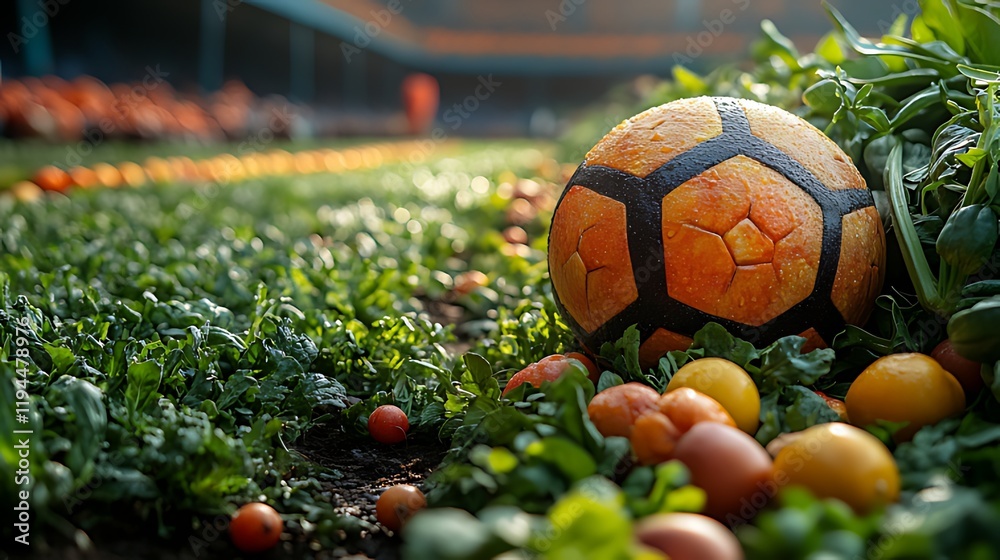 Citrus soccer ball amidst greens, stadium backdrop, healthy food ...