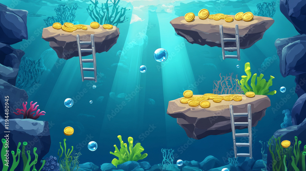 Floating rock islands vector game underwater landscape. Ui level map ...