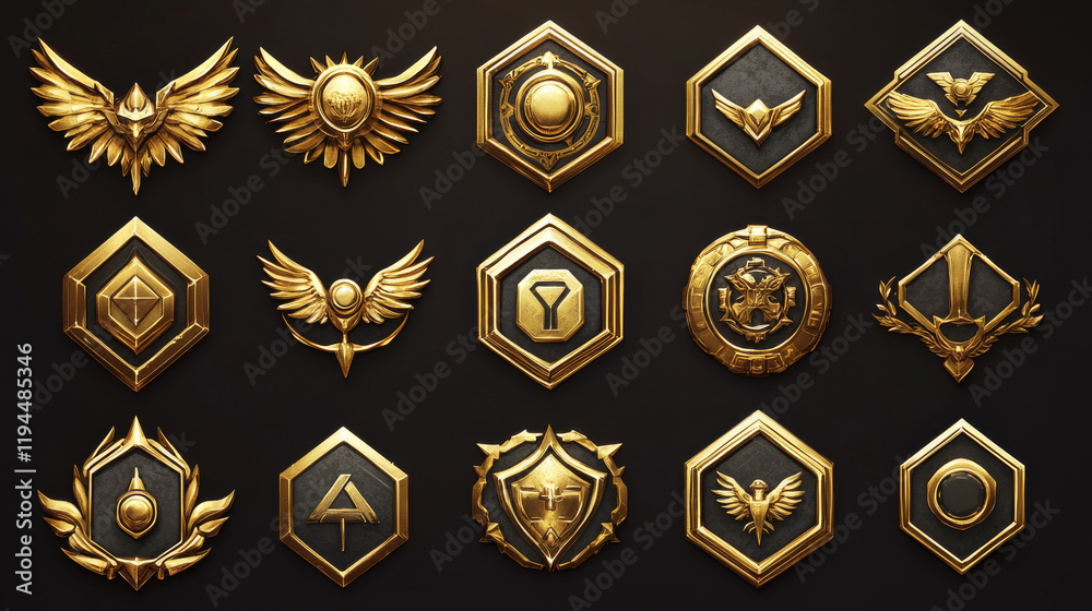 Gold game badge rank medal ui icon vector set. Isolated level trophy ...