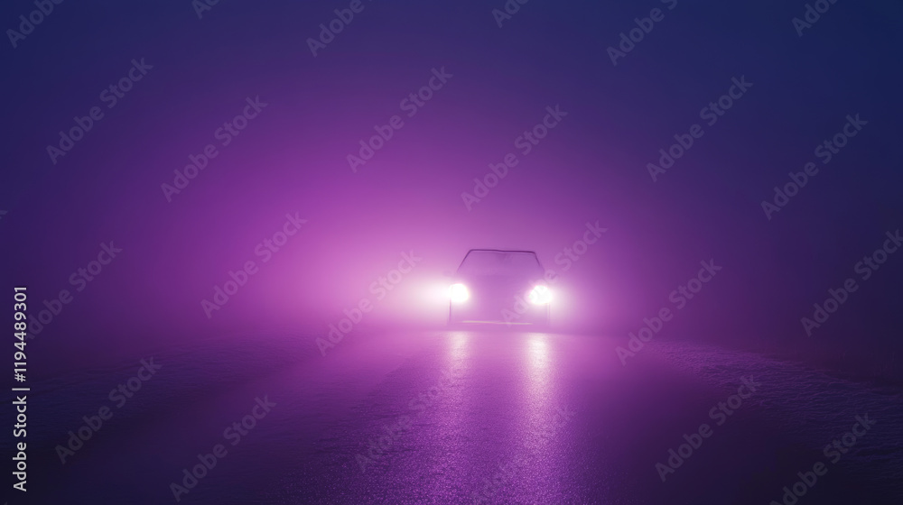 Front car lights in fog at night. Automobile led headlights effect with ...
