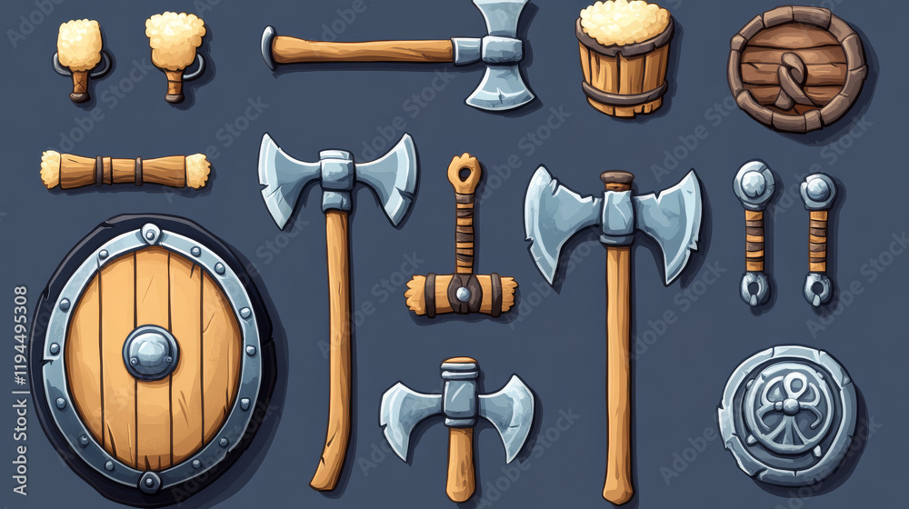 Stock-Illustration „Viking tools and weapon game ui icons. Cartoon vector illustration set of ...