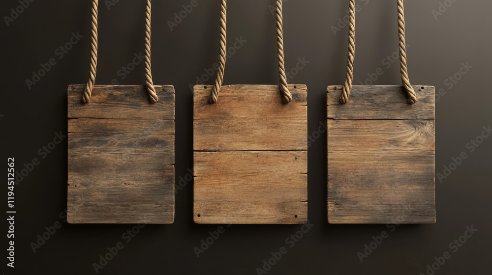 Wooden boards hang on ropes vector set. Realistic signboards with wood ...