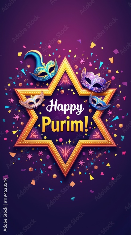 Purim greeting card with Starburst Design featuring masks, groggers ...