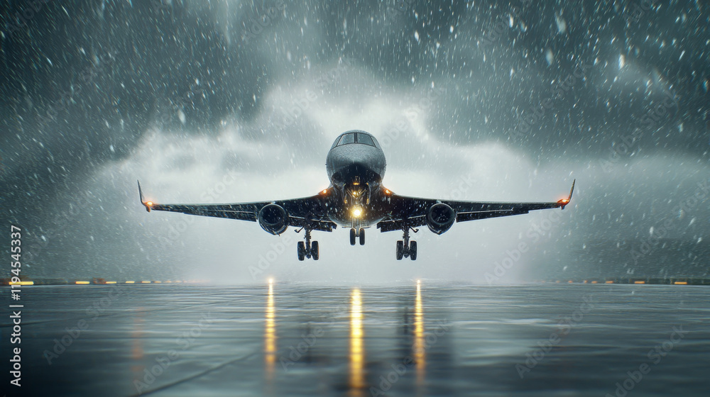 dramatic scene of aircraft taking off in heavy rain, showcasing ...