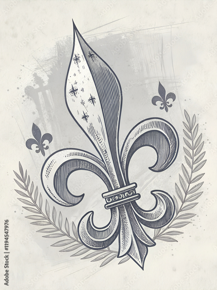 Elegant grey scale line drawing of a stylized fleur de lis intertwined ...