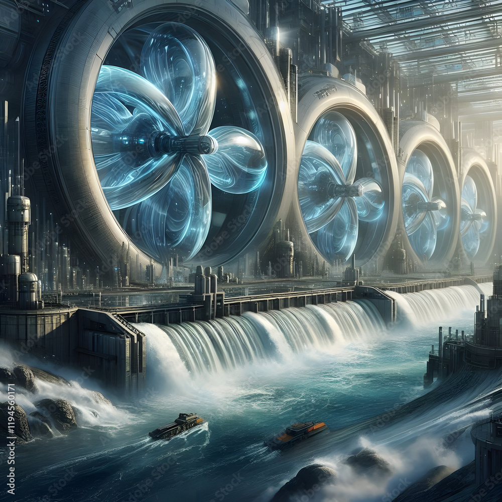 Water Turbine Underwater A detailed shot of an underwater hydropower ...