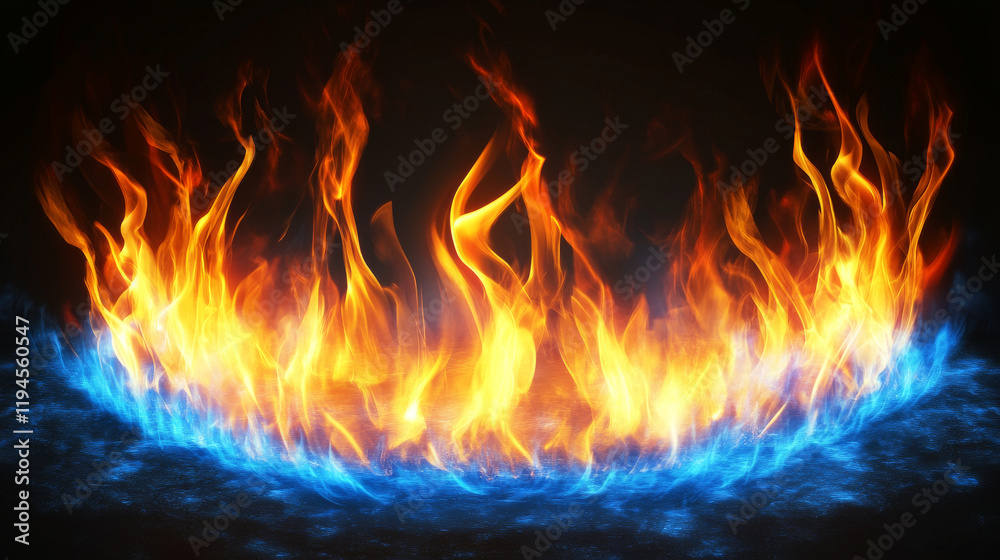 Abstract ring with yellow and blue fire flames on black background ...