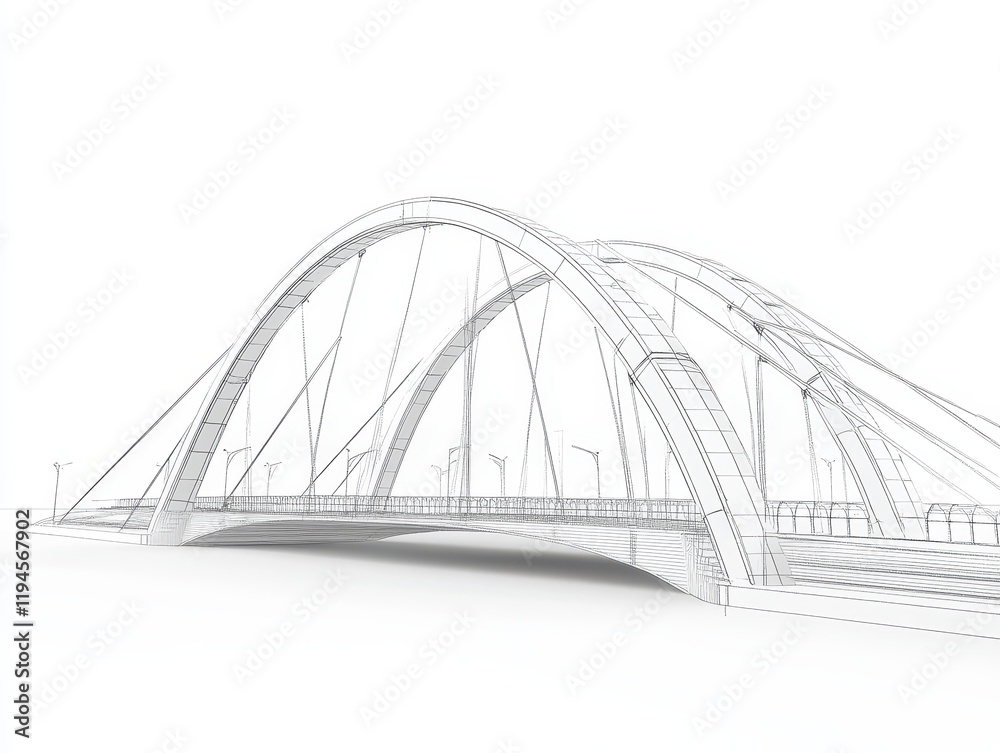 Architectural Design of a Modern Arch Bridge: 3D Wireframe Model Render ...
