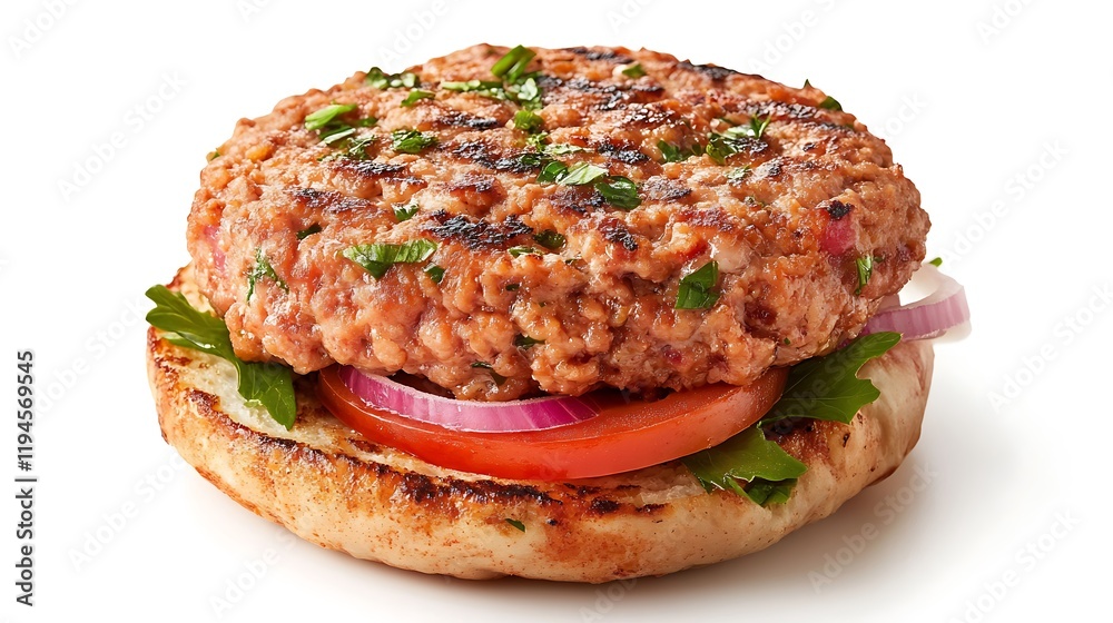 Flattened ground chicken burger, white background, showing muscle fiber ...