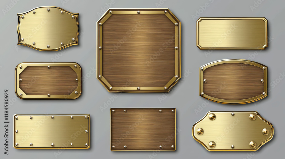 Gold name plates with wooden frame and screws isolated on transparent ...