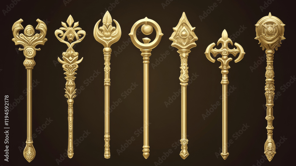 Fantasy scepter golden metal for game level rank ui design. Cartoon ...